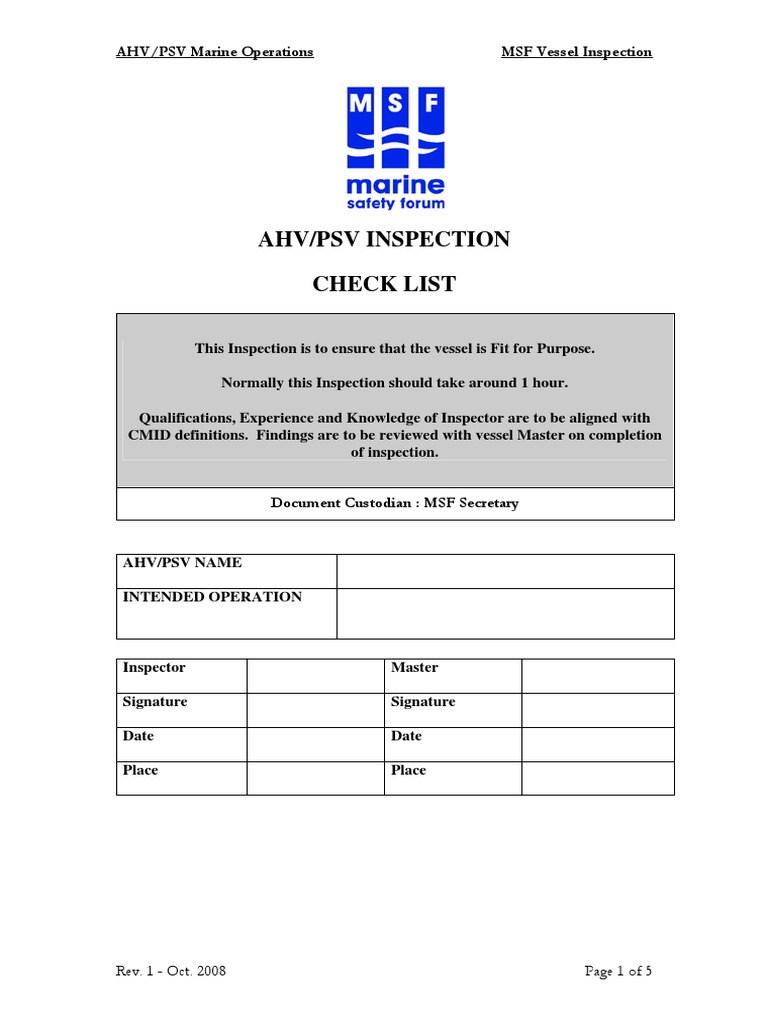 MSF Ahv PSV Hse Inspection Rev 1 Oct 08 | PDF | Wire | Safety