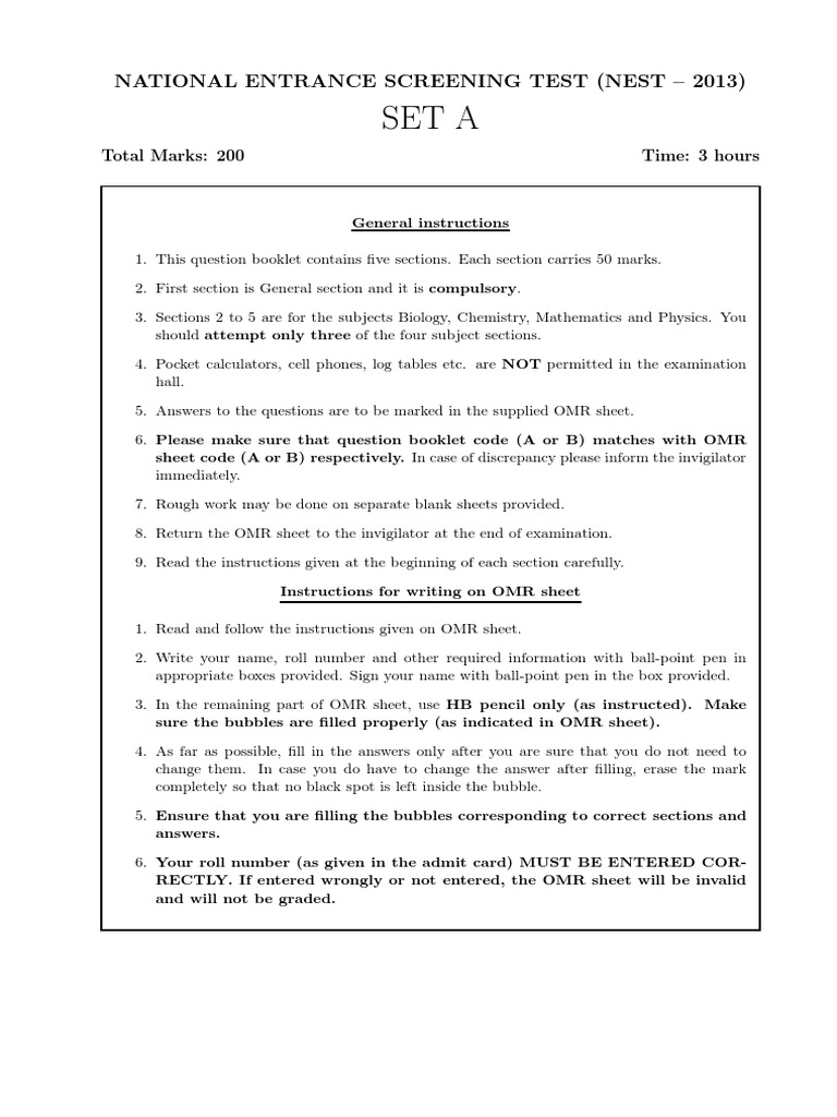 Set A: National Entrance Screening Test (Nest - 2013) | PDF | Virus | Heat