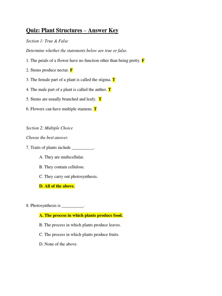 Plant Structure And Function Answers