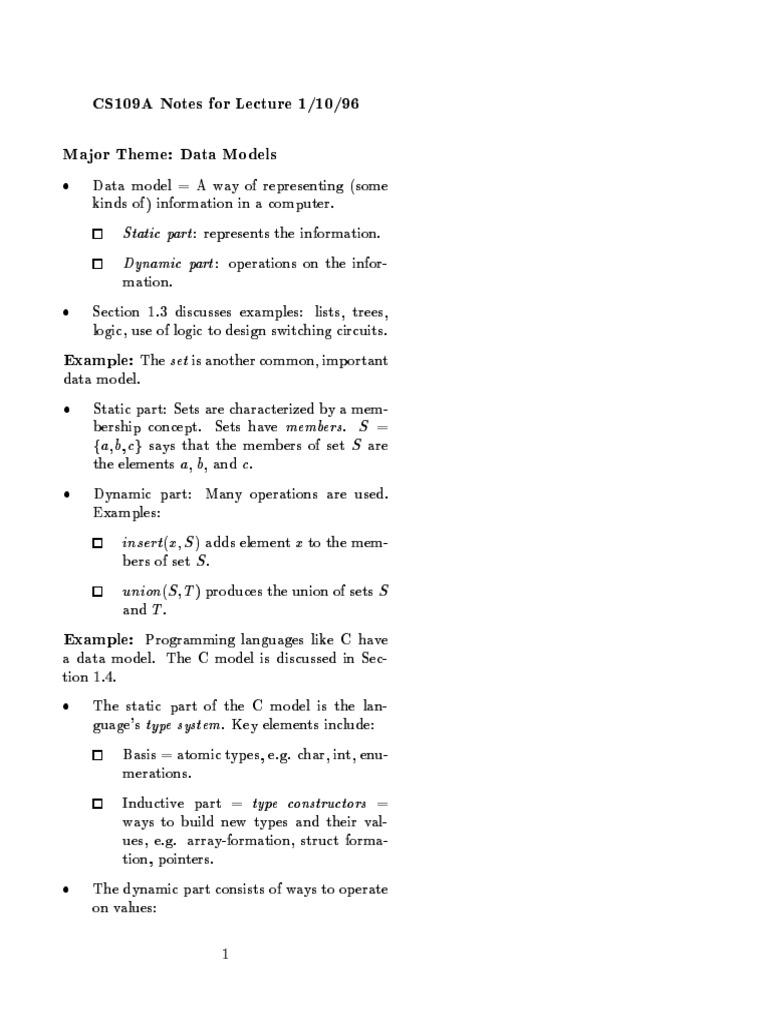 CS109A Notes For Lecture 1/10/96 Major Theme: Data Models: Static Part ...