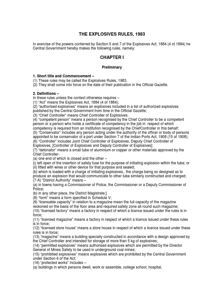 The Explosives Rules, 1983: Preliminary 1. Short Title and Commencement ...