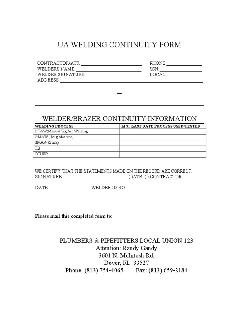 Ua Welding Continuity Form: Welder/Brazer Continuity Information | PDF | Plasma Physics ...