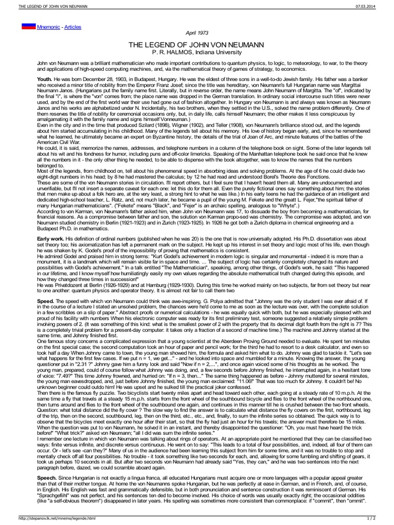 The Legend of John Von Neumann | PDF | Teaching Mathematics | English ...