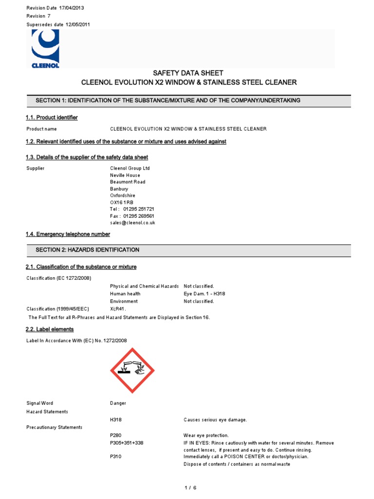 Cleenol Evolution x2 Window Stainless Steel Cleaner Sds10774 | PDF ...