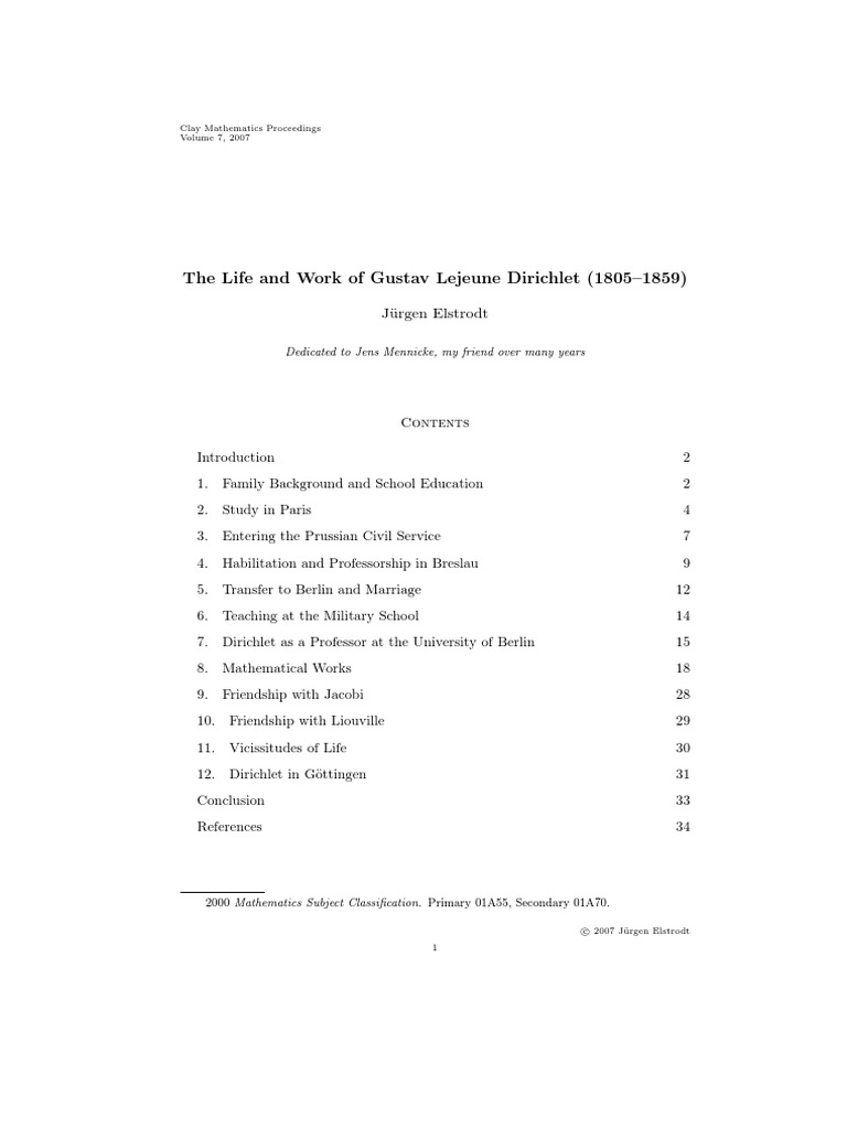 The Life and Work of Gustav Lejeune Dirichlet (1805-1859) : J Urgen ...
