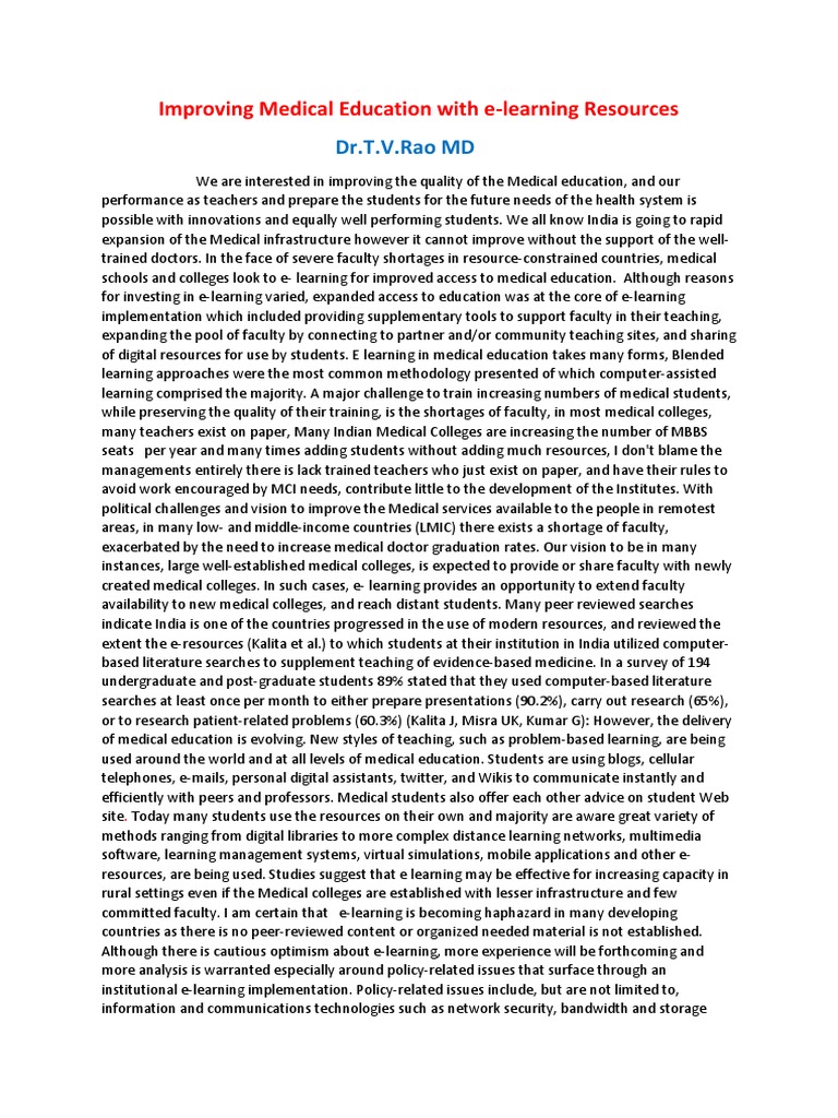 Improving Medical Education With E-Learning Resources | PDF | Medical ...