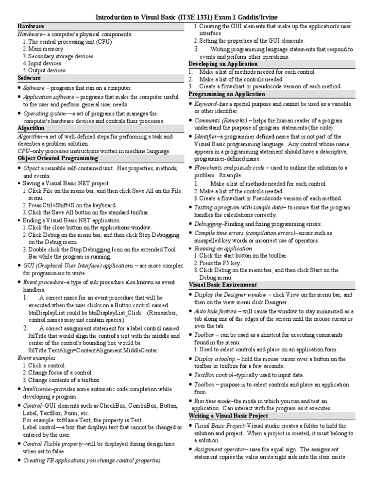 Introduction To Visual Basic (ITSE 1331) Exam 1 Gaddis/Irvine | PDF ...