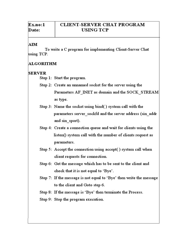 Ex - No:1 Client-Server Chat Program Date: Using TCP | PDF | Network ...