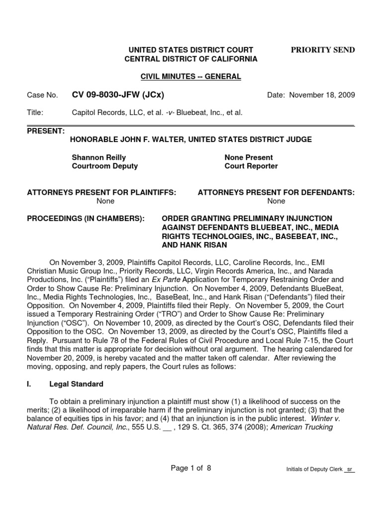 BlueBeat Preliminary Injunction Order | Injunction | Copyright Infringement