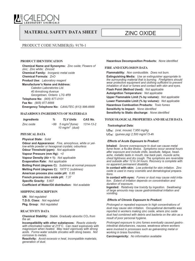 Zinc Oxide: Material Safety Data Sheet | PDF | Zinc Oxide | Zinc