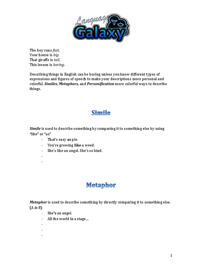 Simile Metaphor Personification Worksheet | PDF | Anthropomorphism ...