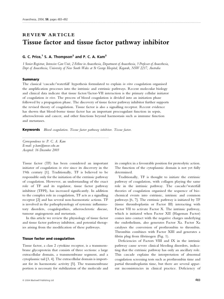 Tissue Factor and Tissue Factor Pathway Inhibitor | PDF | Coagulation ...