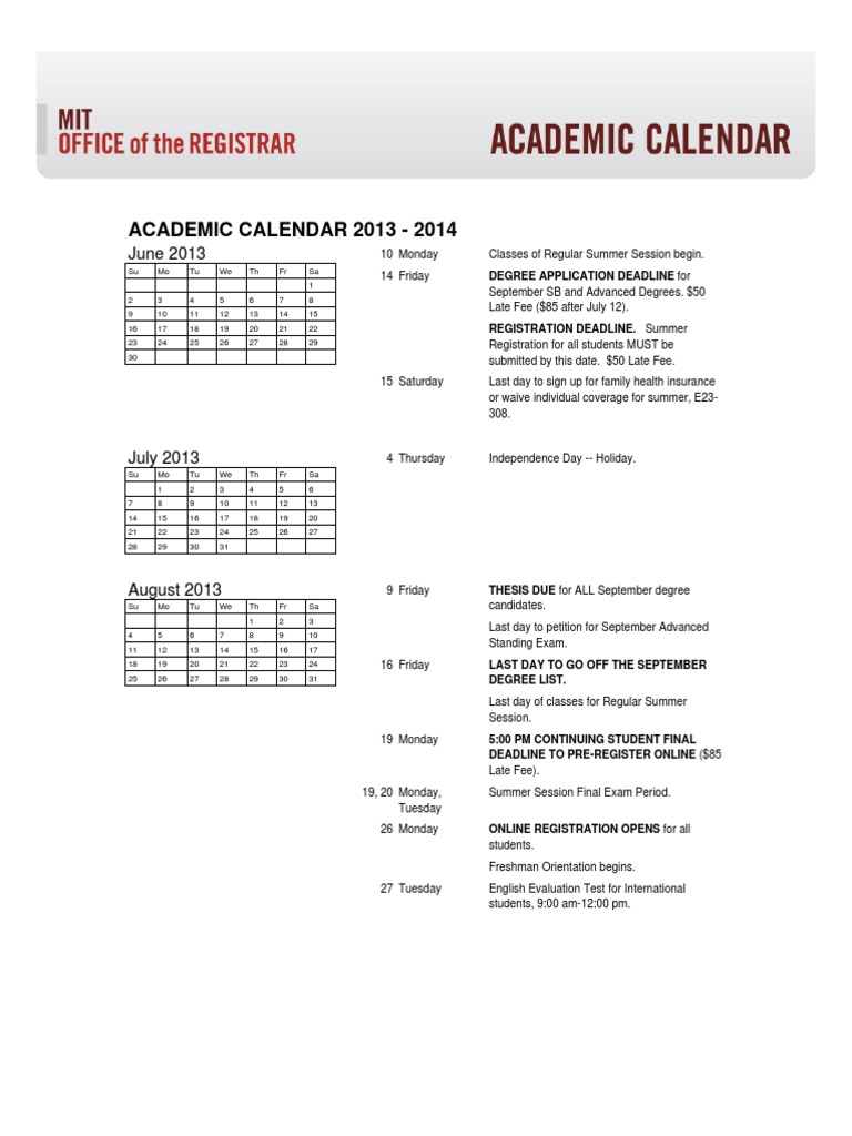 Academic Calendar 2013 - 2014: June 2013 | PDF | Academic Term | Thesis