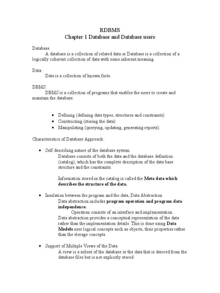 Rdbms Chapter 1 Database and Database Users: Describes The Structure of ...