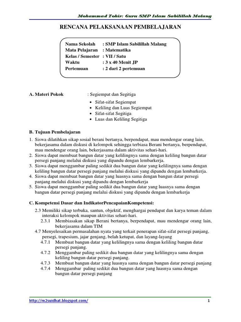 Contoh RPP Matematika Kelas 7 | PDF | Karier & Perkembangan
