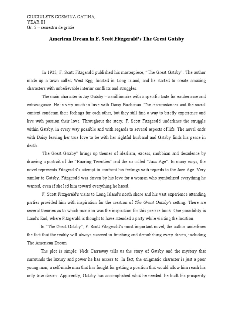 American Dream in F. Scott Fitzgerald's The Great Gatsby | PDF ...