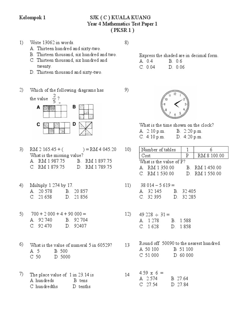 Kelompok 1 SJK (C) Kuala Kuang Year 4 Mathematics Test Paper 1 (PKSR 1 ...