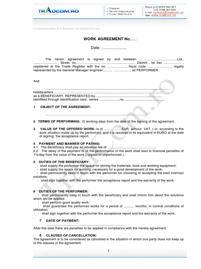Work Agreement - Sample (Rom-Engl) | PDF | Common Law | Social Institutions