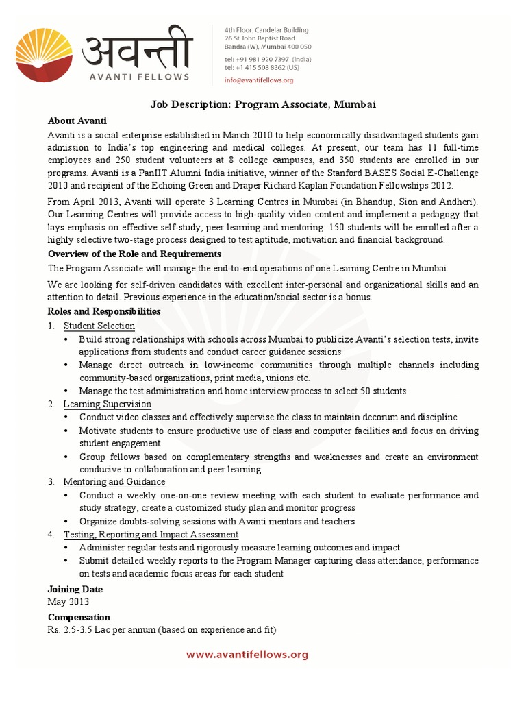 Program Associate, Mumbai - Avanti Fellows Job Description | PDF ...