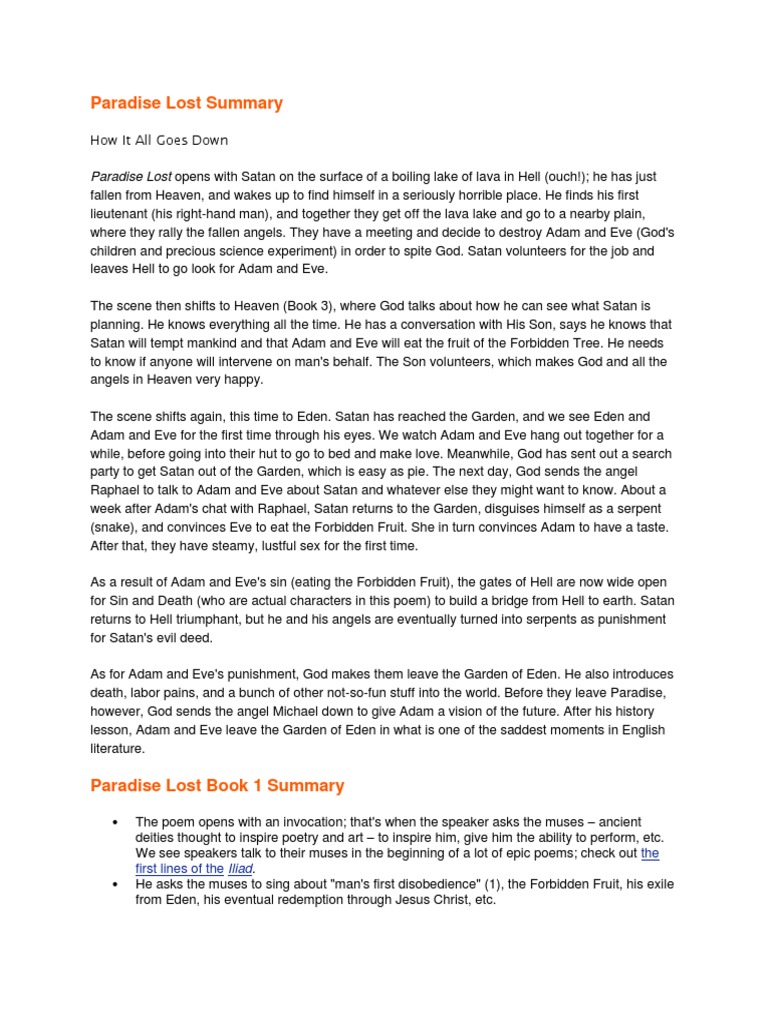 Paradise Lost Summary | PDF | Paradise Lost | Adam And Eve