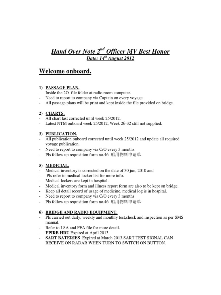Hand Over Note - Mv.best Honor | PDF | Water Transport | Ships
