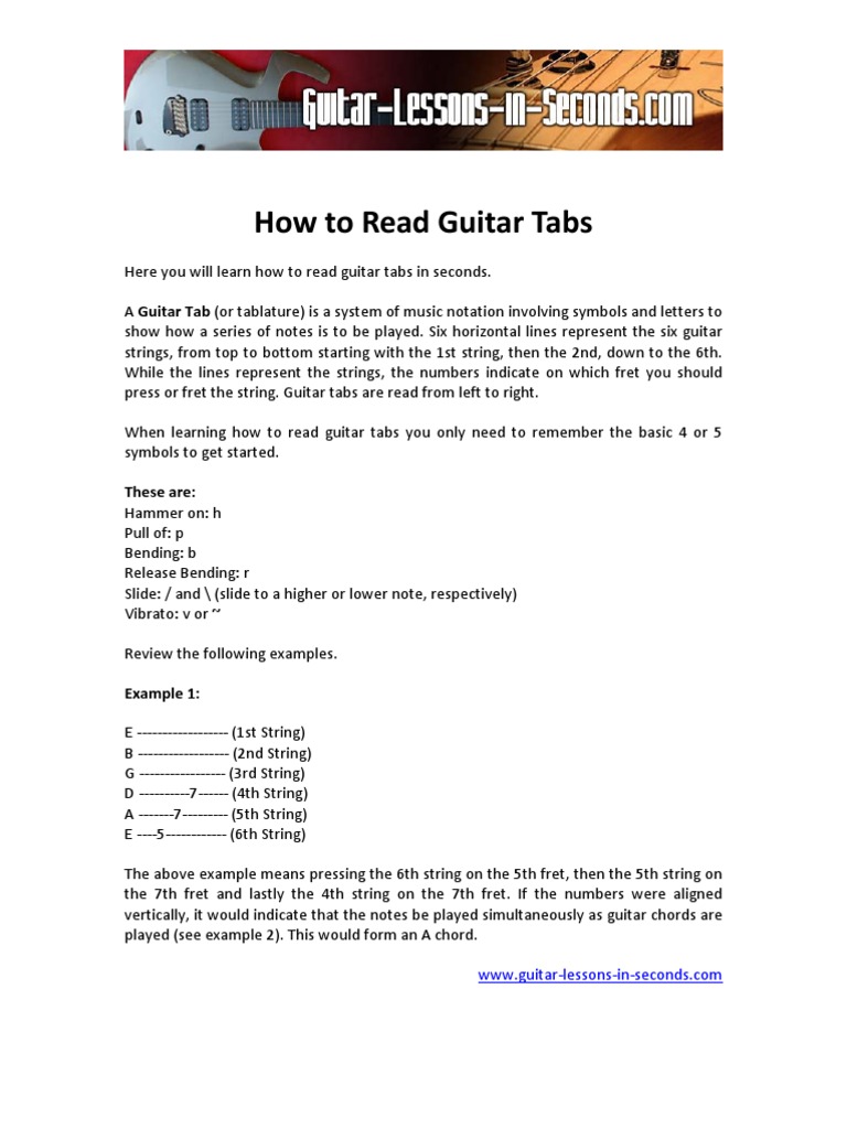 Printable Tablature Explanation Sheet | PDF | Guitars | Music Technology