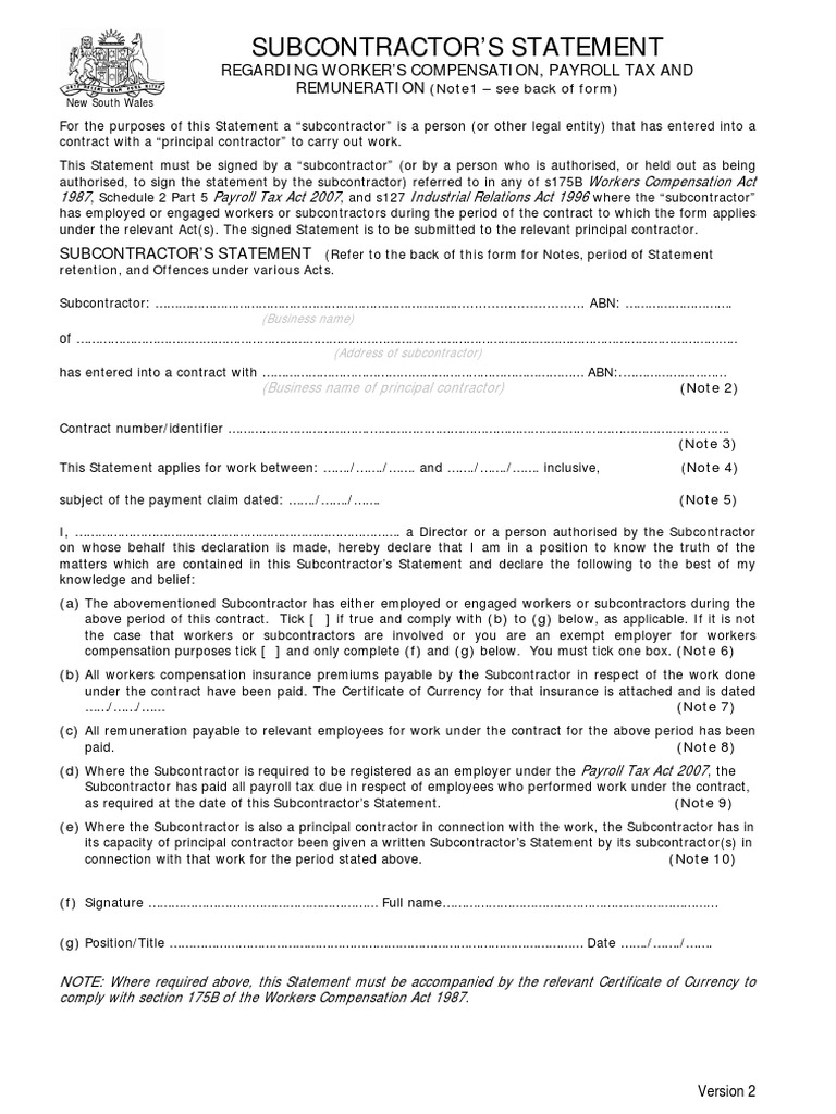 Subcontractors Declaration | Independent Contractor | Workers' Compensation