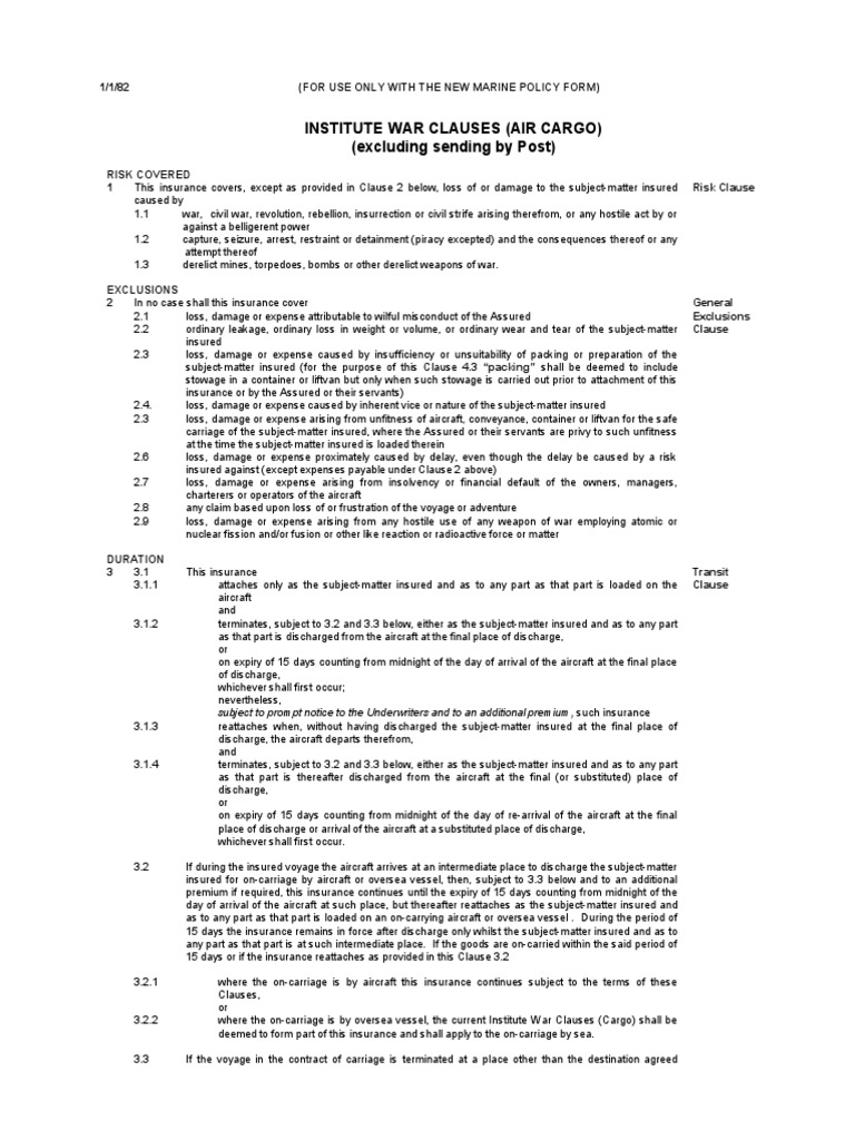 Institute War Clauses (Air Cargo) (Excluding Sending by Post) | PDF ...