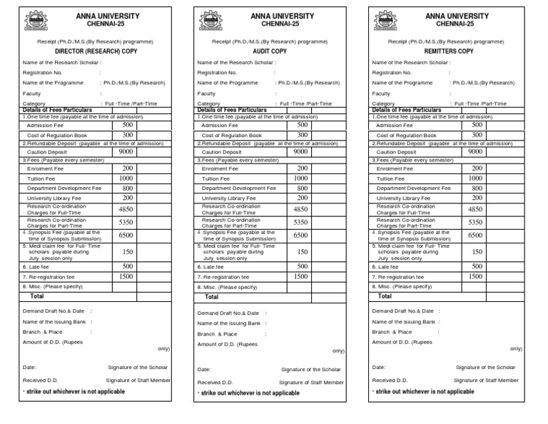 Anna university fees challan | Doctor Of Philosophy | Fee