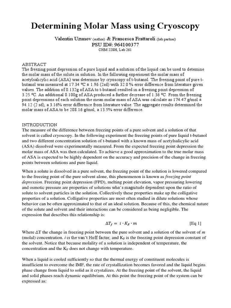 Determining Molar Mass Using Cryos | PDF | Solution | Materials Science