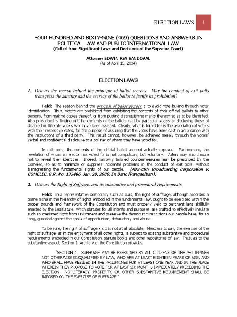 Election Laws (Q & A by Atty. Sandoval) | Download Free PDF | Suffrage ...