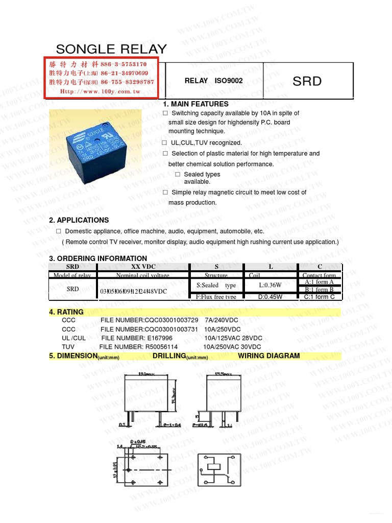 Datasheet Relay 12 Volt Songle | Relay | Inductor