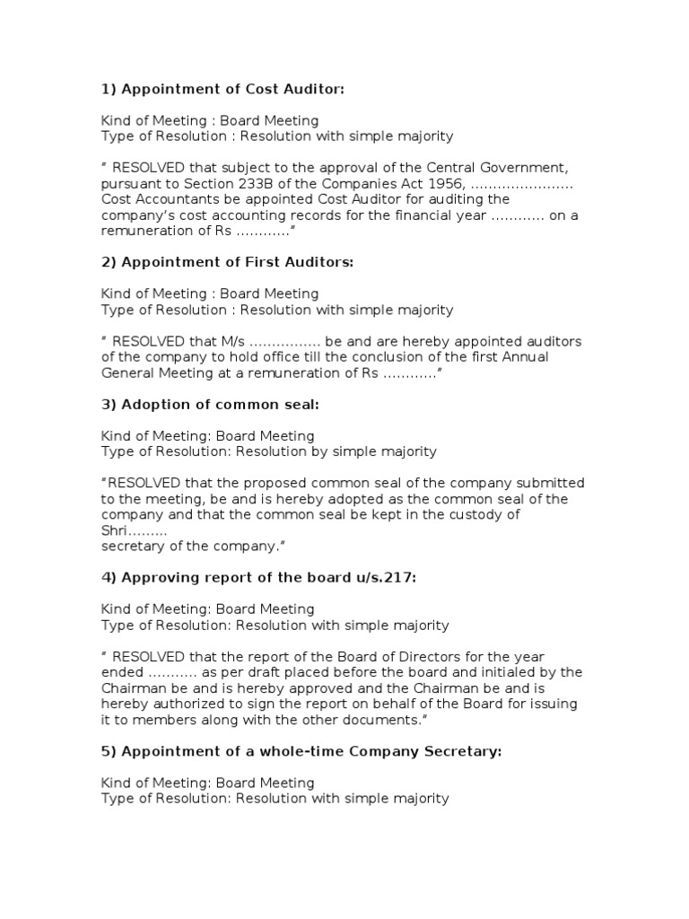 37 Sample Resolutions Very Useful, Indian Companies Act, 1956 | PDF ...