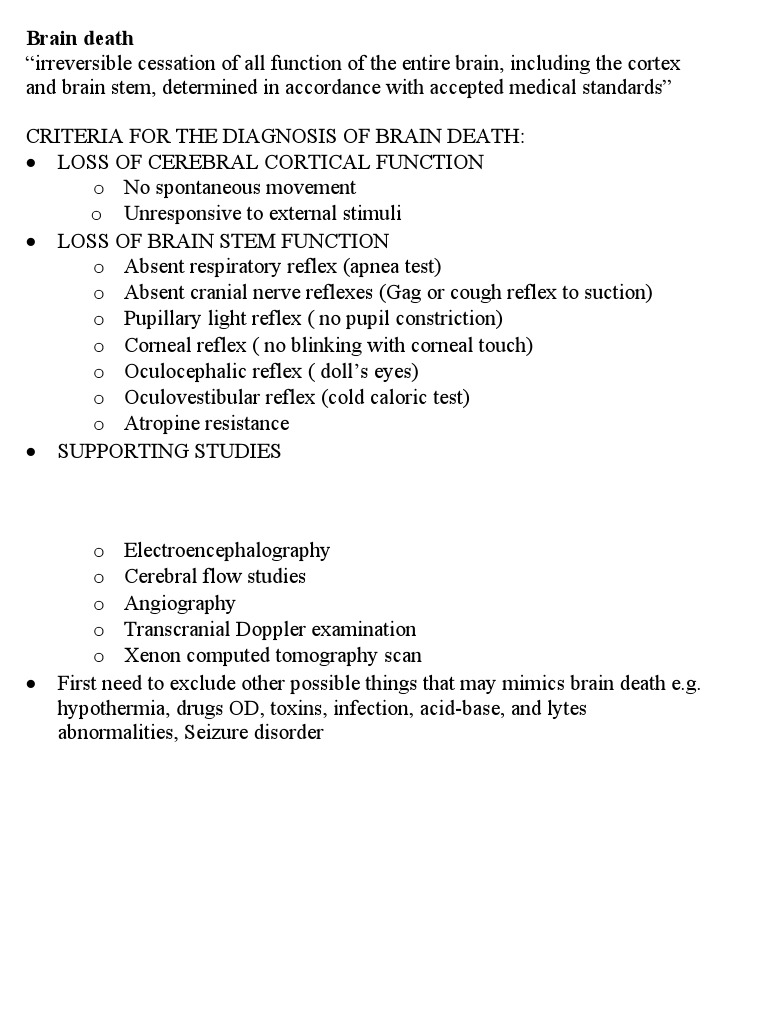 Brain Death Diagnosis Criteria Explained | PDF