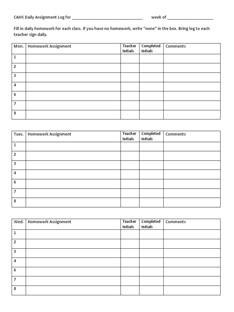 Weekly Homework Assignment Log | PDF