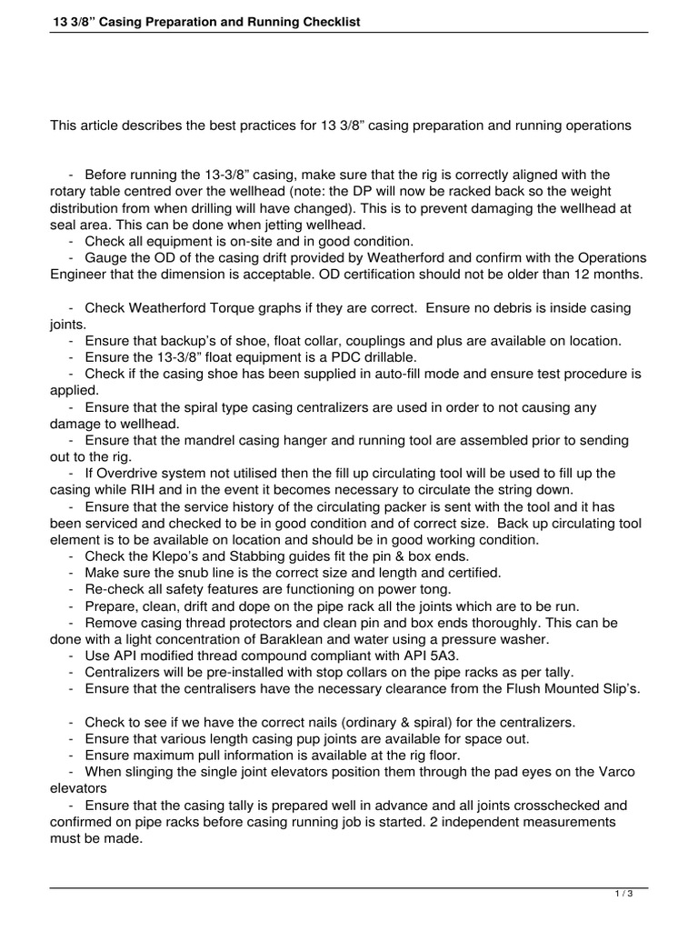 13 38 Casing Preparation and Running Checklist | Download Free PDF ...