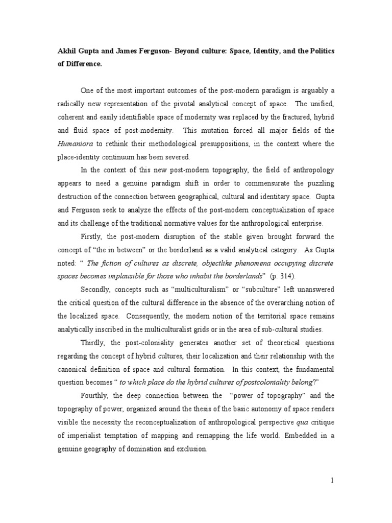 Akhil Gupta and James Ferguson | PDF | Postmodernism | Space