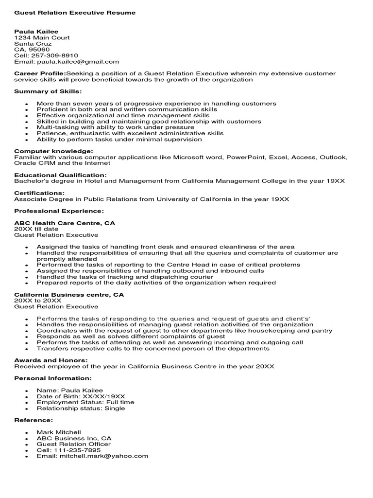 Guest Relation Executive Resume | PDF | Résumé | Skill