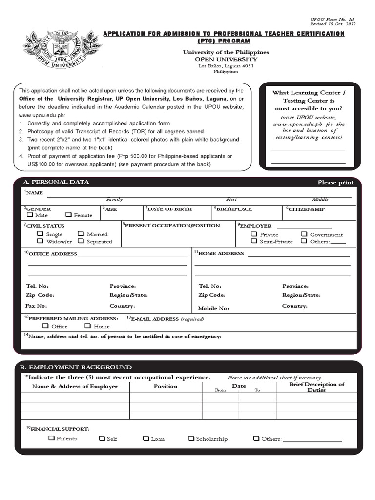 UPOU PTC Program Admission Application | PDF | Wire Transfer | Banks