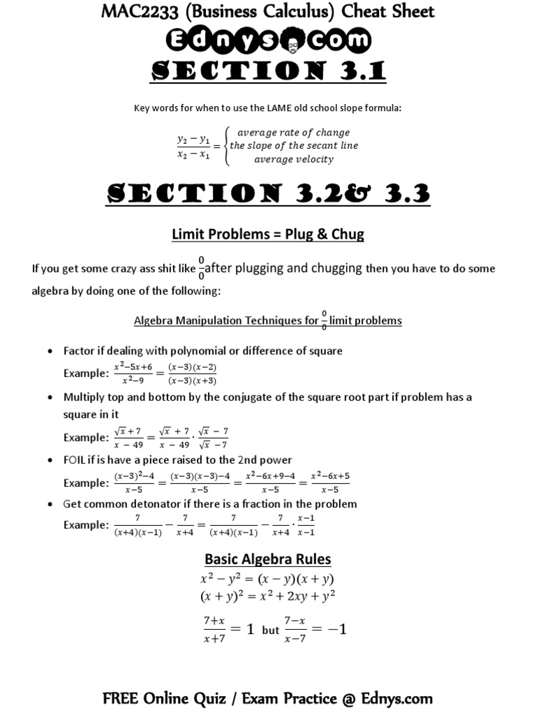 MAC2233 Cheat Sheet | Download Free PDF | Asymptote | Derivative