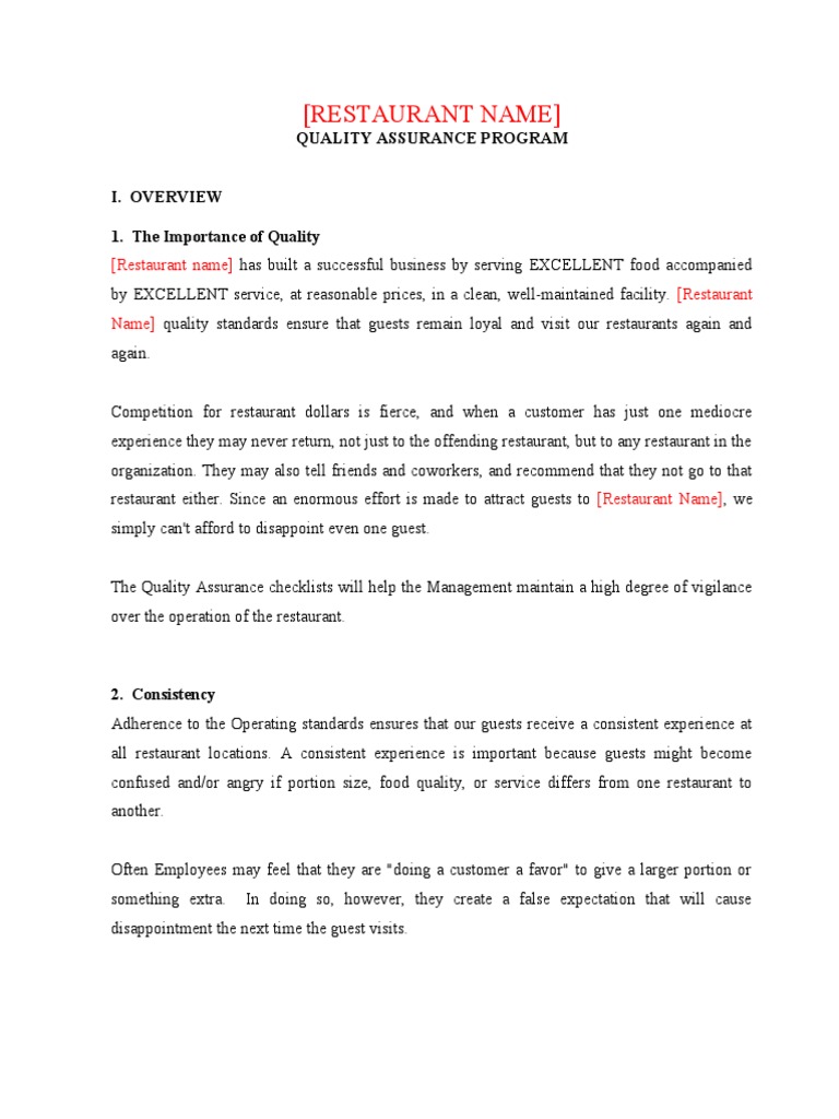 Restaurant Quality Assurance Program | PDF | Restaurants | Gastronomy