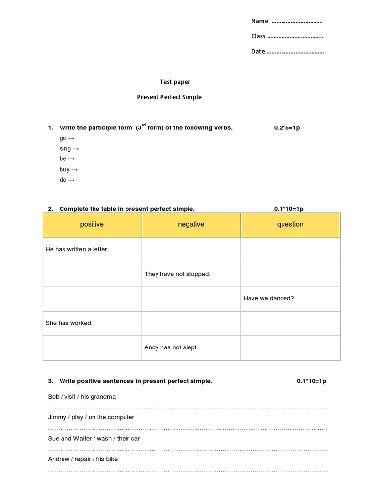 Present Perfect Simple Test Paper | PDF