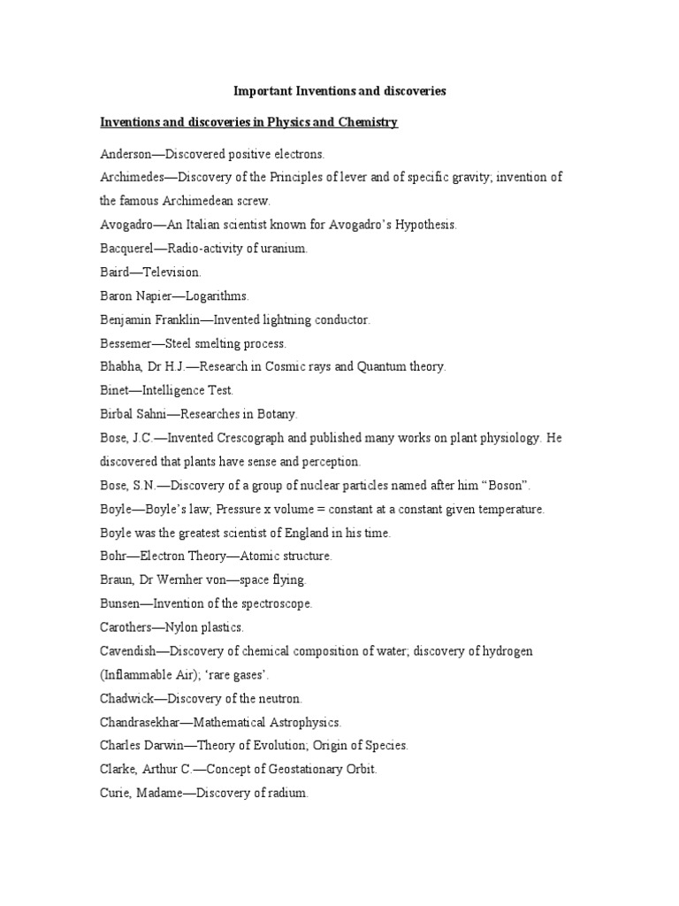 Inventions and Discoveries in Physics and Chemistry | PDF | Business
