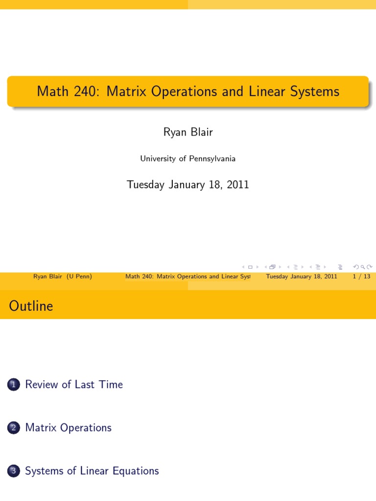 Math 240: Matrix Operations and Linear Systems: Ryan Blair | PDF ...