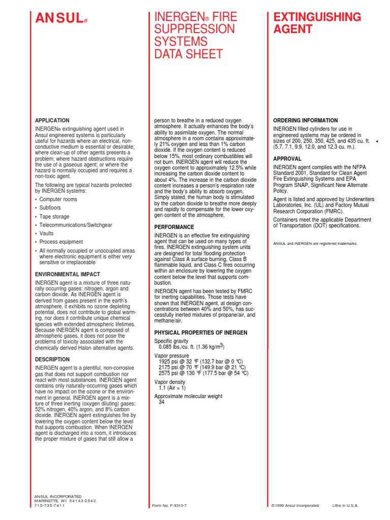 Ansul: Inergen Fire Suppression Systems Data Sheet | PDF | Oxygen ...