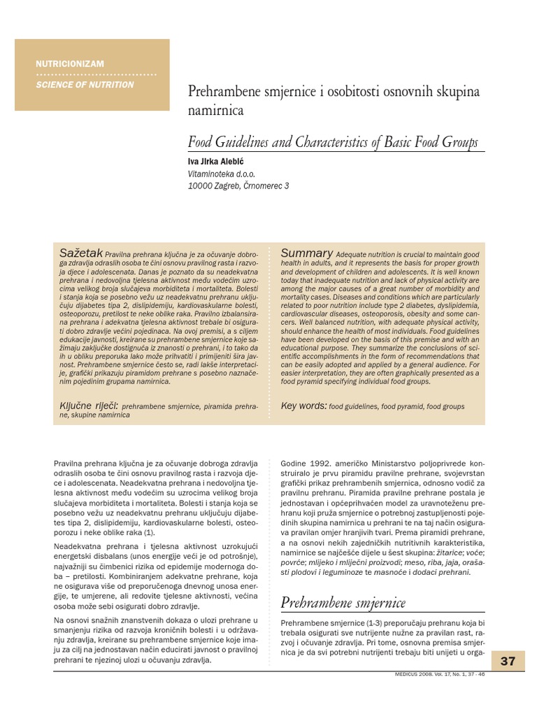 Prehrambene Smjernice I Osobitosti Osnovnih Skupina Namirnica | PDF