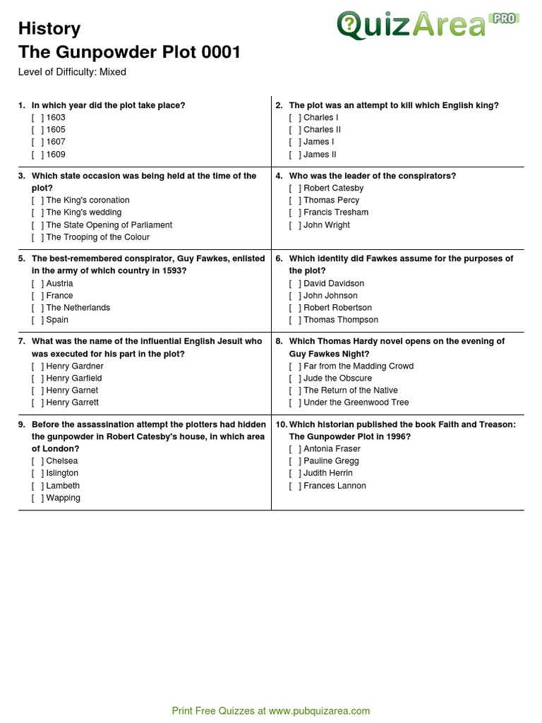 Gunpowder Plot Quiz | PDF | Gunpowder Plot | Guy Fawkes