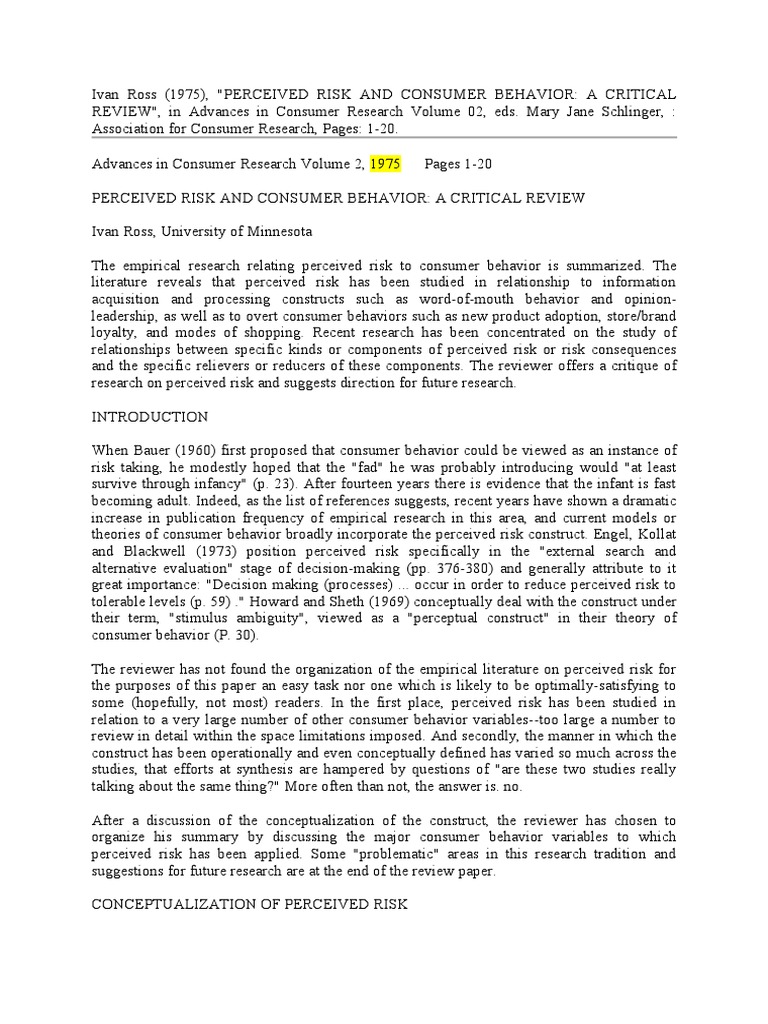 Perceived Risk and Consumer Behavior A Critical Review | PDF | Consumer ...