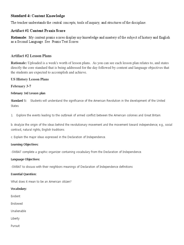 Standard 4 | PDF | United States Declaration Of Independence | Lesson Plan
