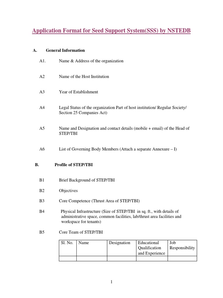 Application Format For Seed Support System (SSS) by NSTEDB: A. General ...